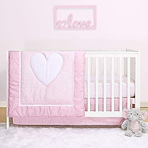 The Peanutshell Hearts Crib Bedding Set for Baby Girls | 3 Piece Pink & White Nursery Set | Baby Quilt, Crib Sheet, and Dust Ruffle