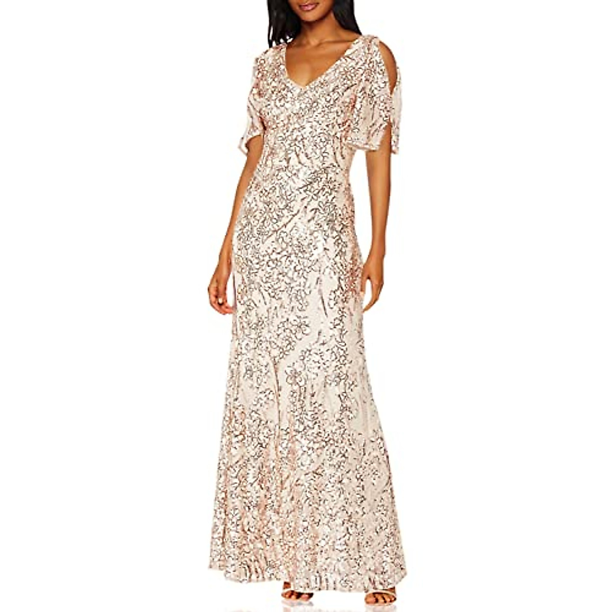 Alex Evenings Women's Sequin Stretch Lace Cold Shoulder Gown, Sand, 16