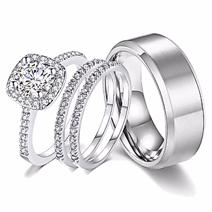 18k White Gold Plated Wedding Ring Sets for Him and Her Women Men Titanium Stainless Steel Bands 2Ct Cz Couple Rings Size 11&7