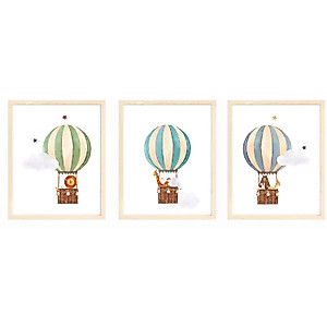 bumbleboo Nistio® Hot Air Balloon Safari Animals Nursery Wall Prints, Play Room Decoration, Nursery Wall Art, Nursery Room Decor, Safari Animals Print Set, Unframed, Set of 3 Prints, 8x10