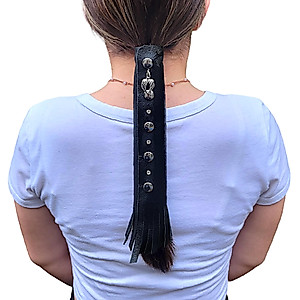 Black Leather Hair Wrap 8" Inch - Ponytail Wrap & Long Hair Protector for Biker Helmet | Motorcycle Accessories for Women with Fringe | Made in USA | Accessory