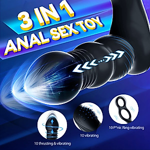 PUAUKI Thrusting Anal Vibrator Prostate Massager with 2 Vibrating Cock Ring, Bluetooth Control Anal Plug with 10 Thrusting & Vibrating Modes, Dildo Butt Plug Sex Toys for Men and Couple Pleasure
