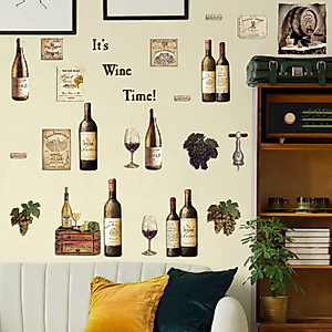 8 Sheets Wine Bottle Kitchen Wall Decals Grape Fruit Wall Stickers Wine Kitchen Decor Wine Tasting Stickers Peel and Murals for Kitchen Dining Living Room Bar Restaurant