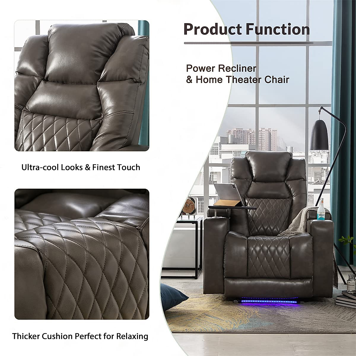 TRIPLE TREE Power Motion Recliner with Ambient Lighting, USB Charge Port, 360° Swivel Tray Table, Hand in-Arm Storage, 2 Convenient Cup Holders, Gaming Recliner Chair Home Theater Seating, Grey