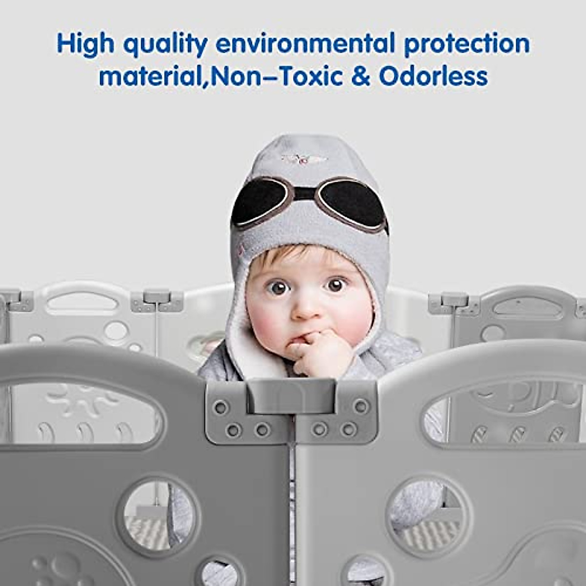 Albott Baby Playpen, Upgraded 18 Panels Foldable Baby Fence with Game Panel and Safety Gate, Adjustable Shape, Portable Baby Play Yards for Children Toddlers Indoors or Outdoors (Grey+White, 18 Panel)