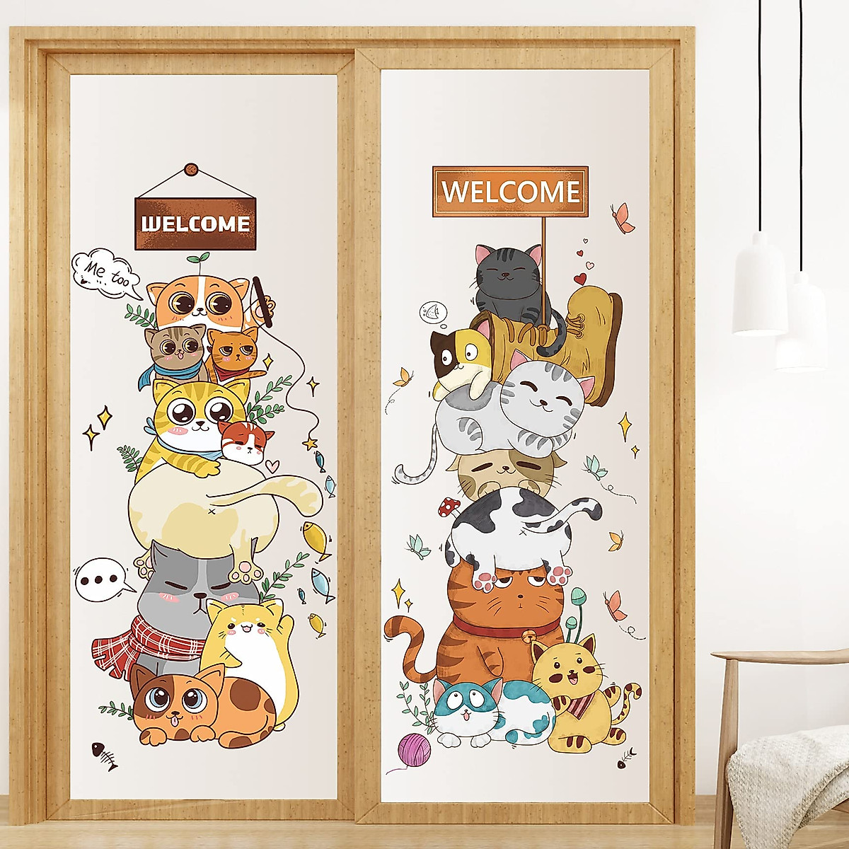 RAINBOW WSK Animal Cat Wall Decal Welcome Peel and Stick Wall Decor Funny Cat Wall Decor for Kids Girls Bedroom Nursery Cute Cat Wall Art for Classroom Door Removable Vinyl Wall Stickers