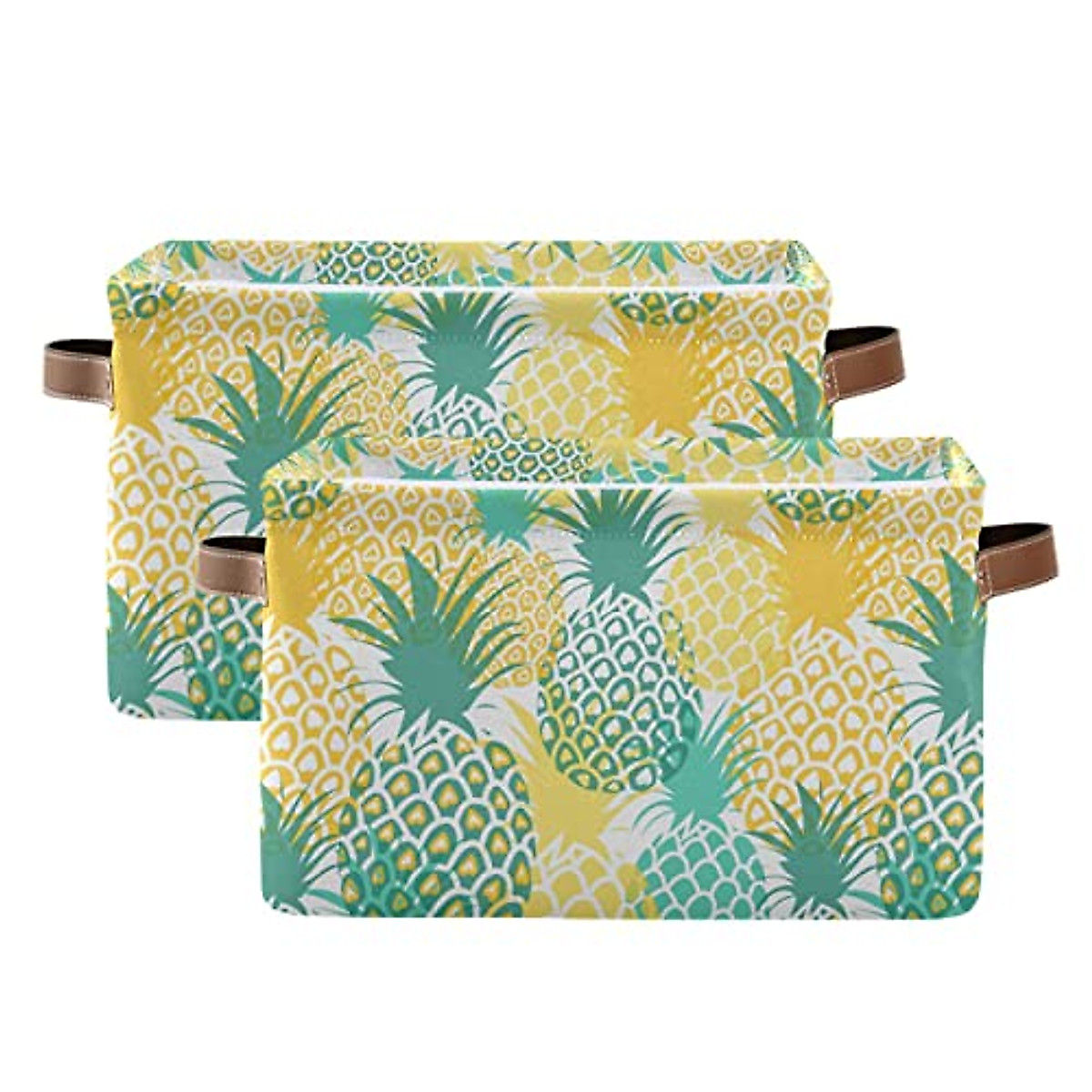 2 Pack Storage Basket Yellow Pineapple Tropical Collapsible Organizer Basket with Handles, Waterproof Nursery Storage Bin for Shelves