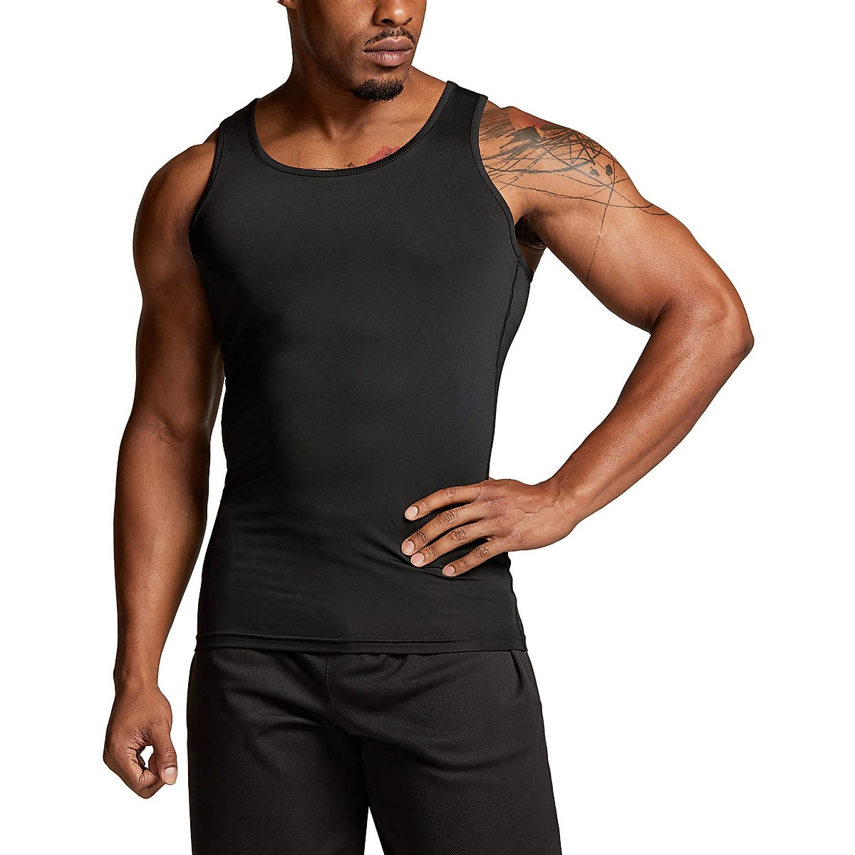 TSLA Men's Athletic Compression Sleeveless Tank Top, Cool Dry Sports Running Basketball Workout Base Layer, Active Shirts Black, Large