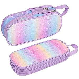 Bagseri Pencil Case for Kids - Expandable Cute Pencil Case for Girls Large Capacity Pencil Pouch Organizer for School Student Office Supplies, Pen Case Only (Purple, Mermaid Scale)