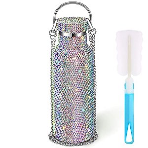 Colorful Diamond Water Bottle Bling Rhinestone Stainless Steel Thermal Bottle Refillable Water Bottle Insulated Water Bottle Glitter Water Bottle with Chain for Women(Silver,750 ml)