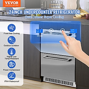 VEVOR Undercounter Refrigerator, 24 Inch Outdoor Beverage Fridge Built-in, 5.12 Cu.ft Stainless Steel Refrigerators for Patio Home Bar Outdoor Kitchen, Freestanding Cooler for Soda Wine BBQ Fruit