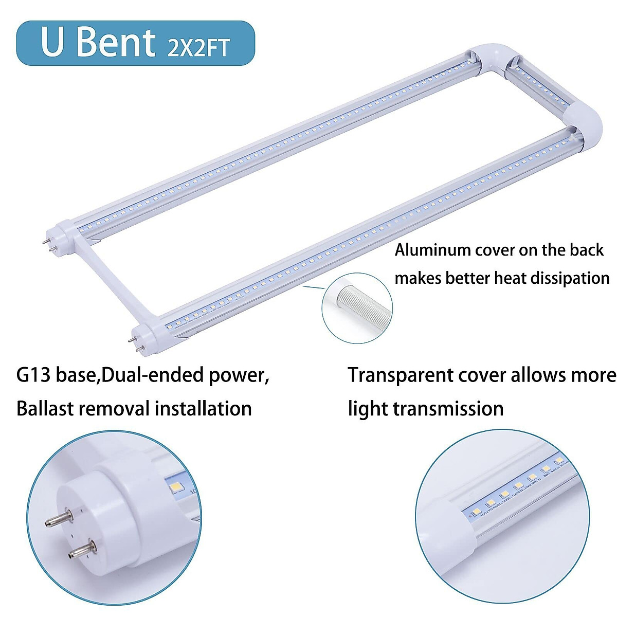 MKUJOO 4 Pack T8 U Bend LED Tube Light,LED U Shaped Bulbs,Shop Light,Office Light 2x2FT 24W(50W Equivalent),6000K Daylight White,G13 Base Dual-End Powered,Ballast Bypass,LED Bulb Clear Cover 100-277V