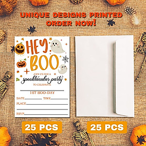 Deluxe Halloween or Costume Party Invitations, 25 Fill-in Cards with Envelopes, Pumpkin, Ghost, Monster, Cute Trick or Treat, Box or Treat for Kids Birthday or Adult party - 4"X6" (JRM359)