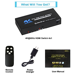 4K HDMI Switch 4x1, 4K@60Hz 4 in 1 Out HDMI Switcher Selector with IR Remote Control, Supports HDCP 2.2 4K@60Hz UltraHD HDR10 3D HD1080P Dolby DST, HDMI Splitter for PS4 Xbox Apple TV Fire Stick