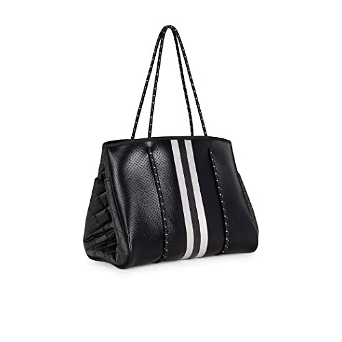 Haute Shore - Greyson Carbon Neoprene Tote Bag w/Zipper Wristlet Inside,Black Coated W/Silver & Black Stripe,One_Size