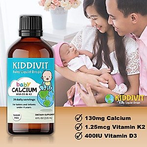 Kiddivit Baby Calcium Liquid Drops with Vitamin D3 & K2-24 Daily Servings, 4 Fl Oz (120 mL) - Inulin Fortified (Prebiotic, Dietary Fiber) - Sugar Free, Gluten Free, Vegetarian Friendly