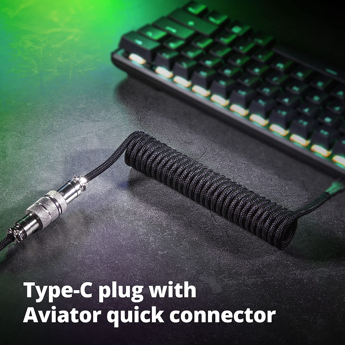 GUNMJO Pro Custom Coiled USB C Cable for Gaming Keyboard, Double-Sleeved Mechanical Keyboard Cable with Detachable Metal Aviator, 1.5M USB-C to USB-A, Classic Black Color