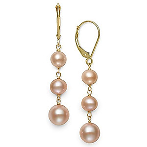 14k Yellow Gold Pink Cultured Freshwater Pearl Trio Dangle Drop Earrings