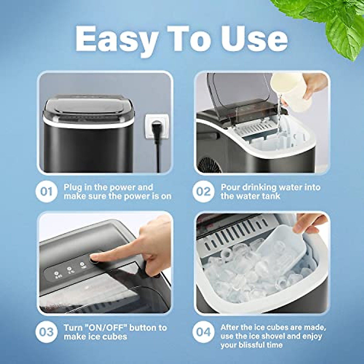 Simple Deluxe Countertop Ice Maker Machine, 9 Ice Cubes Ready in 6 Mins, 26lbs Ice/24Hrs, with Scoop & Basket, Self-Cleaning Function, for Home Kitchen Office Bar Party, Black