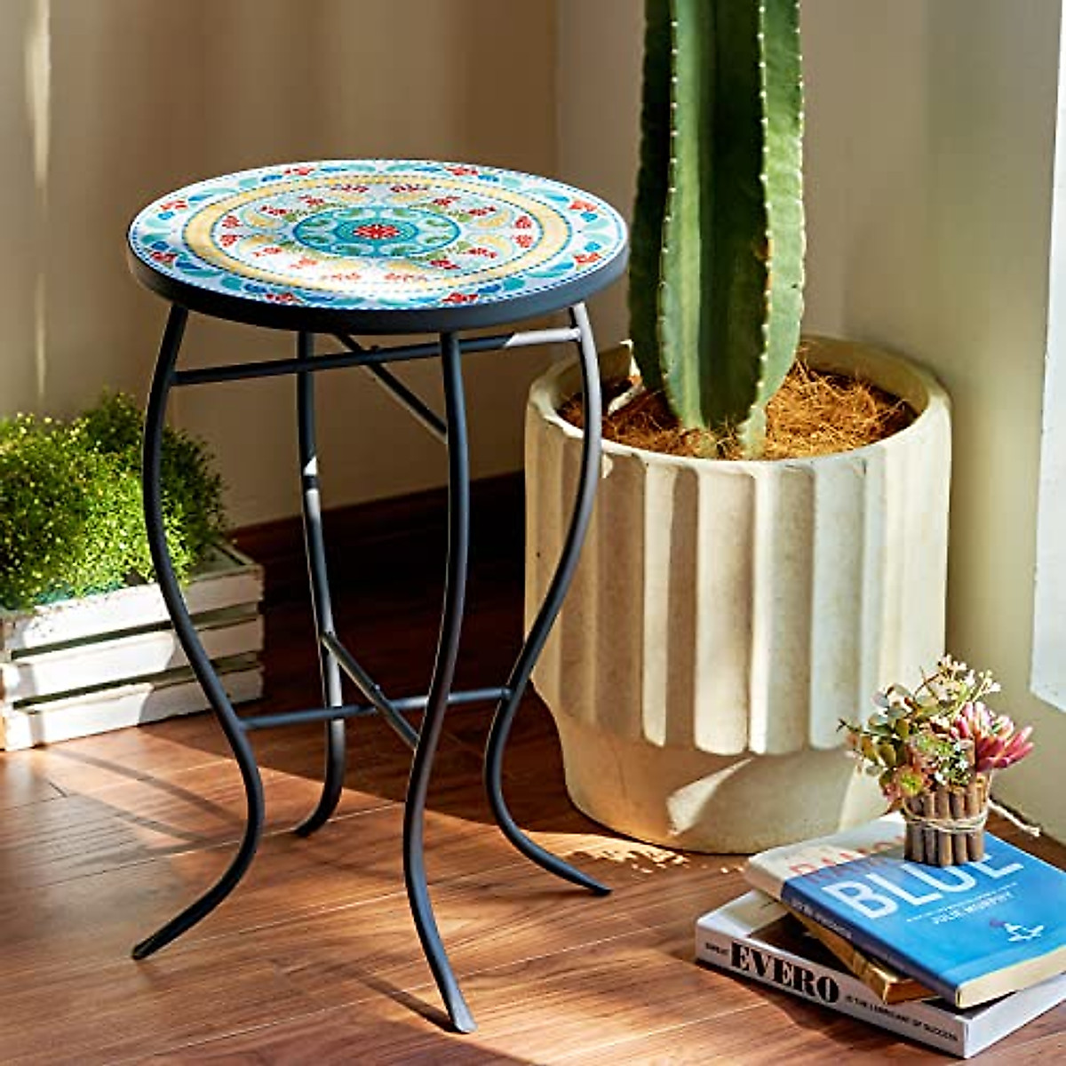 VONLUCE 21" Mosaic Plant Stand, 14 Inch Round Side Table with Ceramic Tile Top, Indoor and Outdoor Accent Table, Outdoor Patio Furniture, End Table for Garden Patio Living Room More, Floral