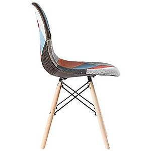 Mid-Century Modern Upholstered Plastic Multicolor Fabric Patchwork DSW Shell Dining Chair with Wooden Dowel Eiffel Legs