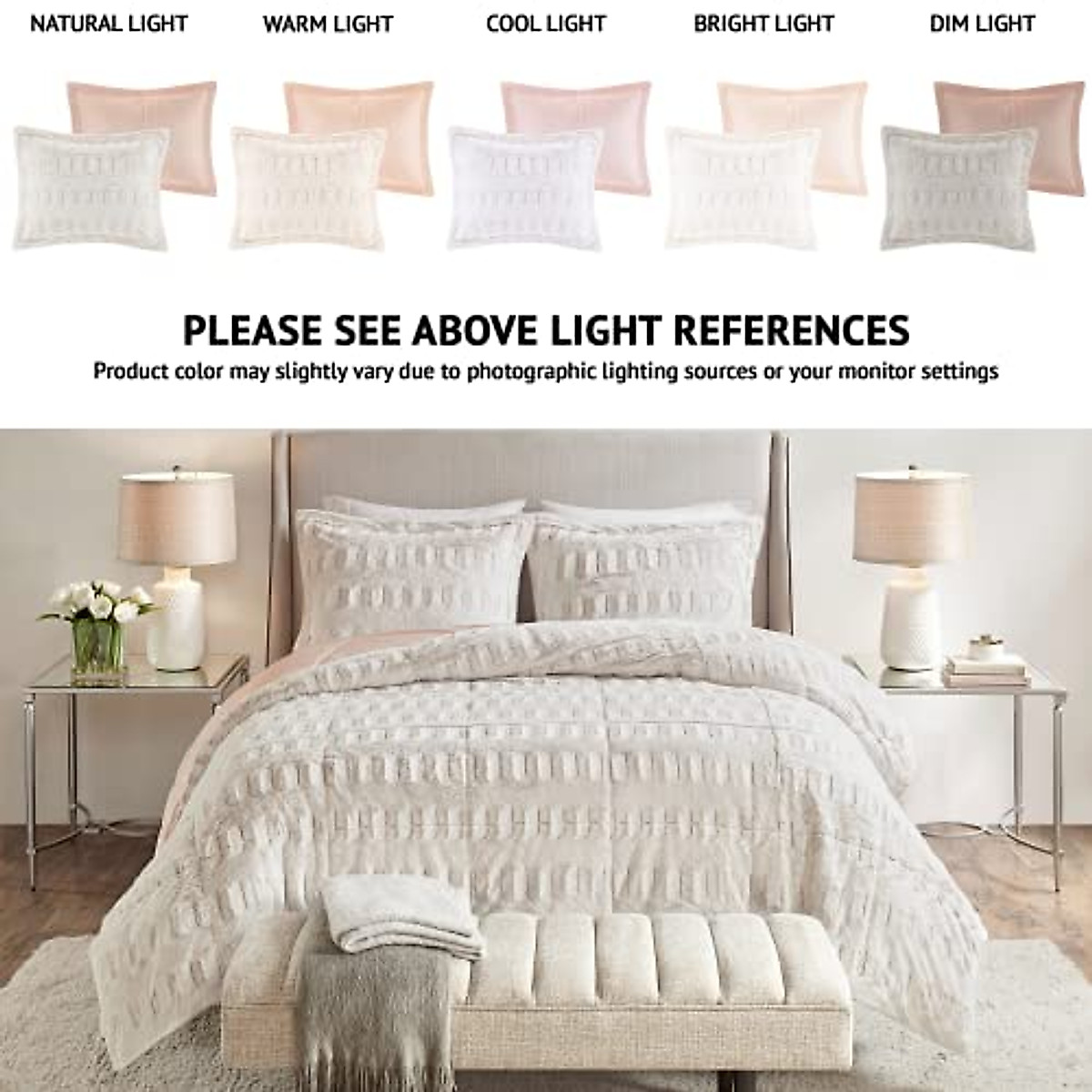 Madison Park Soft Plush Comforter Long Faux Fur Design, Mid Century, Modern All Season Down Alternative Bedding Set with Matching Sham, Full/Queen, Gia, Natural/Blush 3 Piece