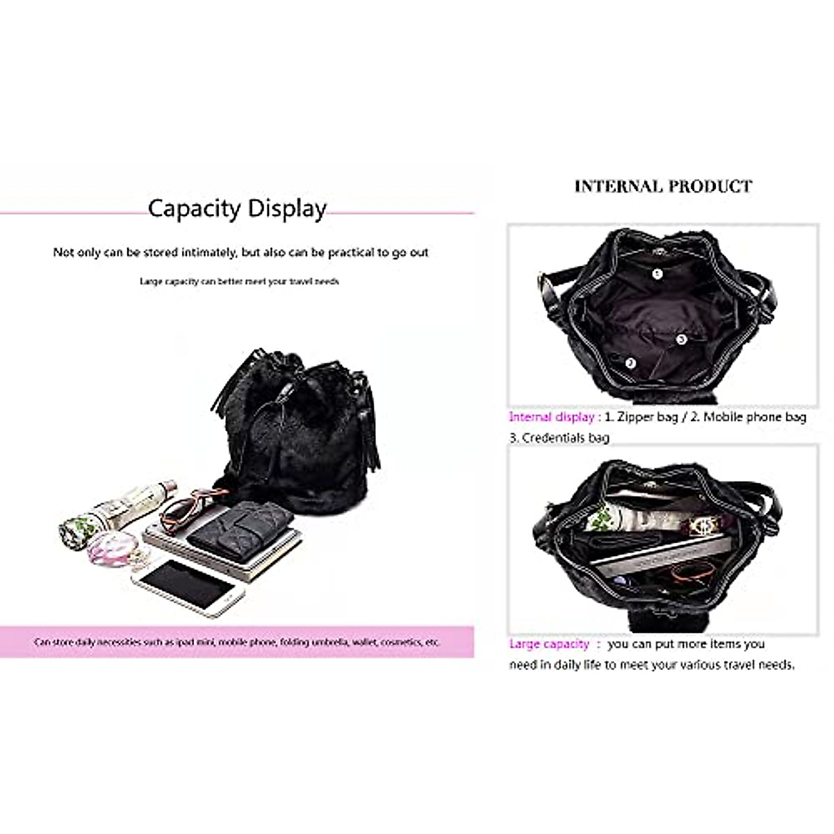 ENYIWH Women Leopard Print Faux Purse Fur Drawstring Bucket Bag Shoulder Crossbody Bag