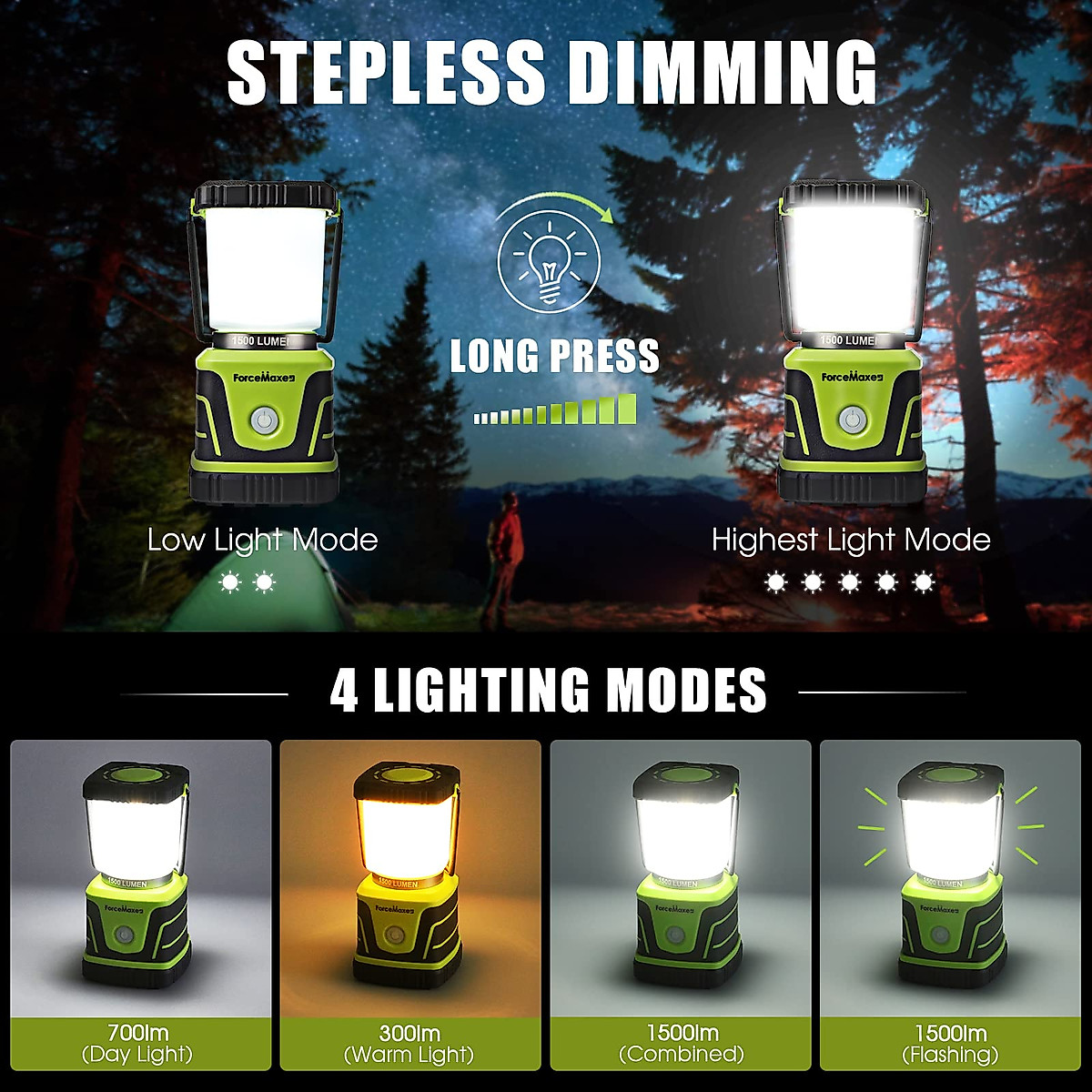 Camping Lantern,Super Bright Battery Powered LED 1500LM,4 Light Modes,Waterproof Tent Light,Long Run-time Lantern Flashlight for Hurricane,Emergency,Survival Kits,Hiking,Fishing