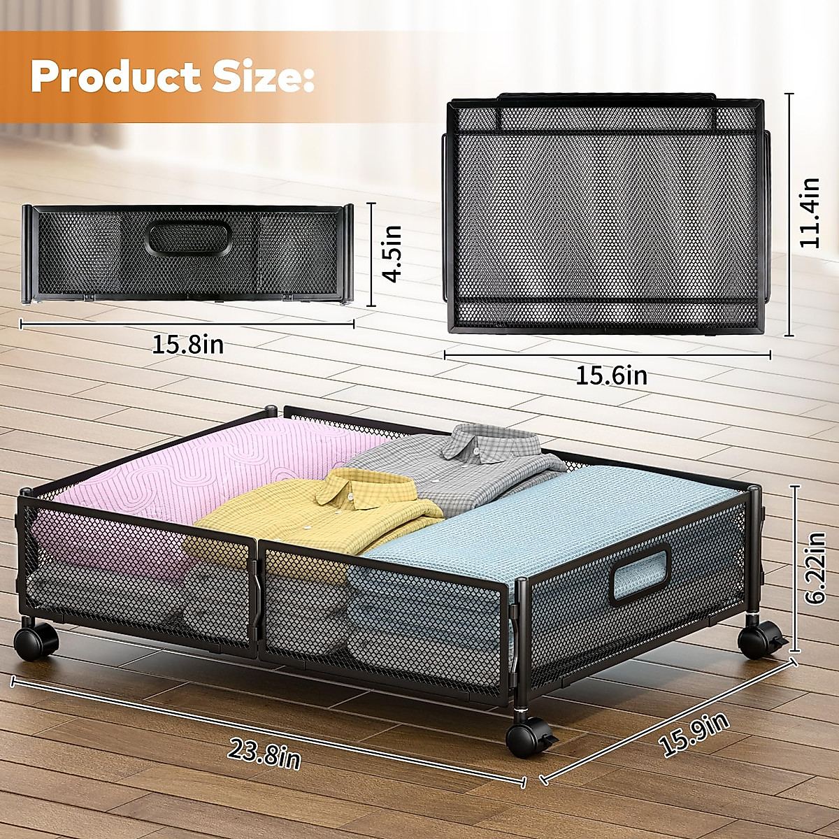 Lingusta Under Bed Storage with Wheels,Rolling Under Bed Storage Containers,Under Bed Shoe Storage,Under Bed Storage for Bedroom Clothes Shoes Blankets (2 pack, Black)