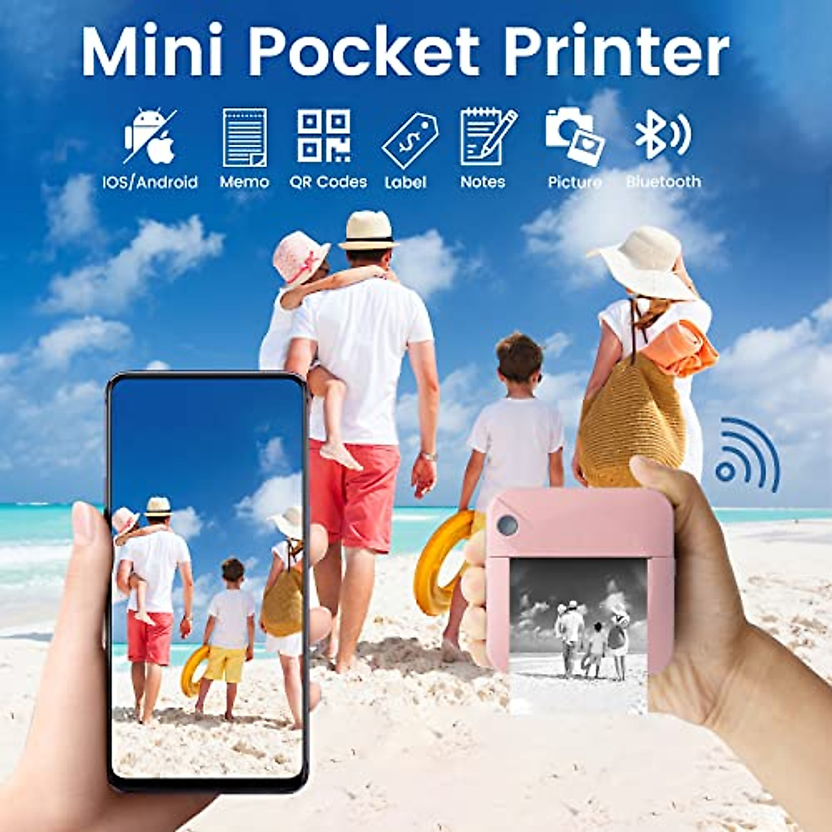 Zeacool Mini Pocket Printer,Portable Thermal Printer for Label,Text Memo,Receipt,Sticker,Photo Printers,BT Inkless Printing,Kids Gift,Wireless Bluetooth Printer Compatible with iOS and Android（Pink）
