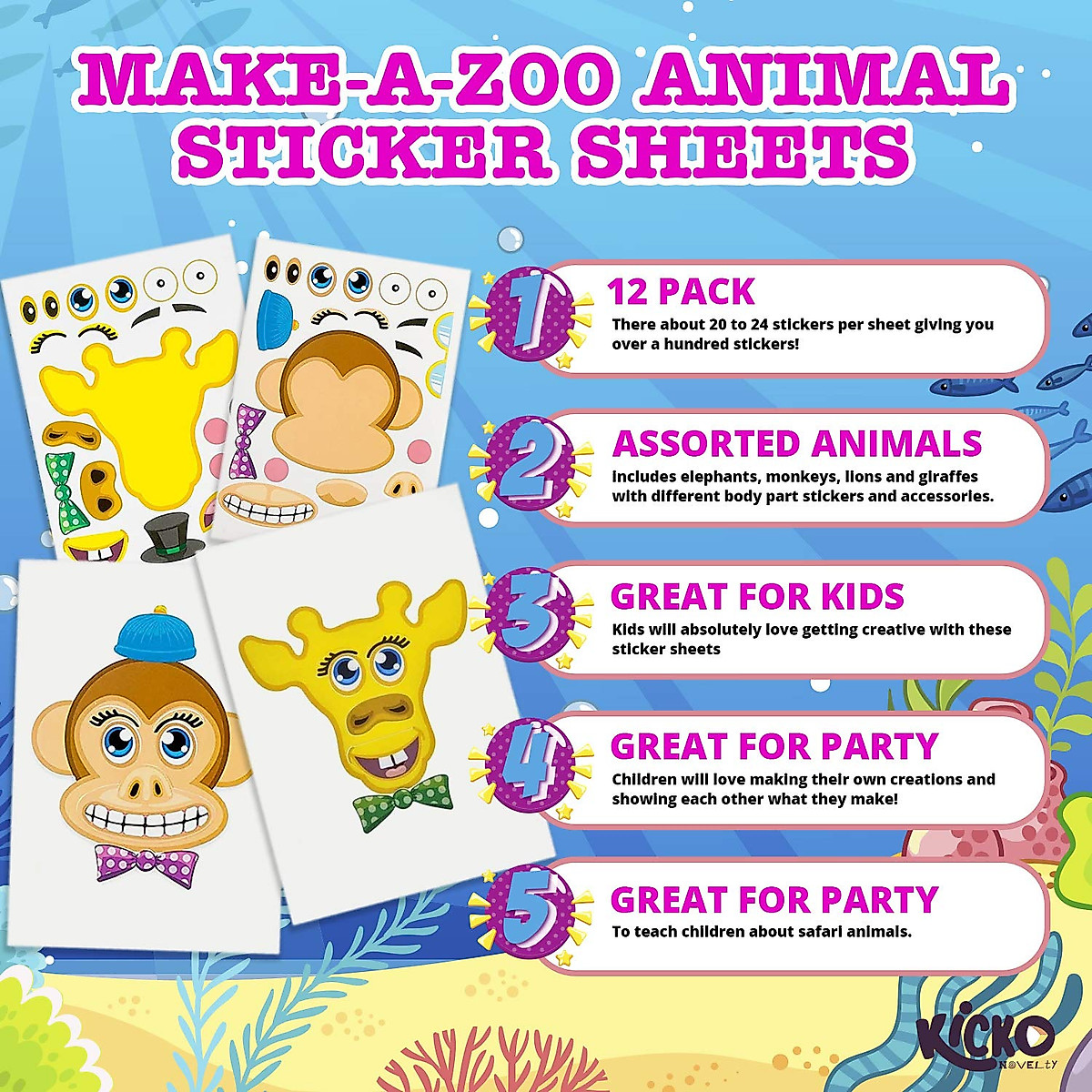 Kicko Make-a-Zoo Animal Sticker Book -12 Pack - Stickers for Kids - Useful in Arts, Parties, Birthdays, Party Favors, Crafts, School, Daycare, Christmas