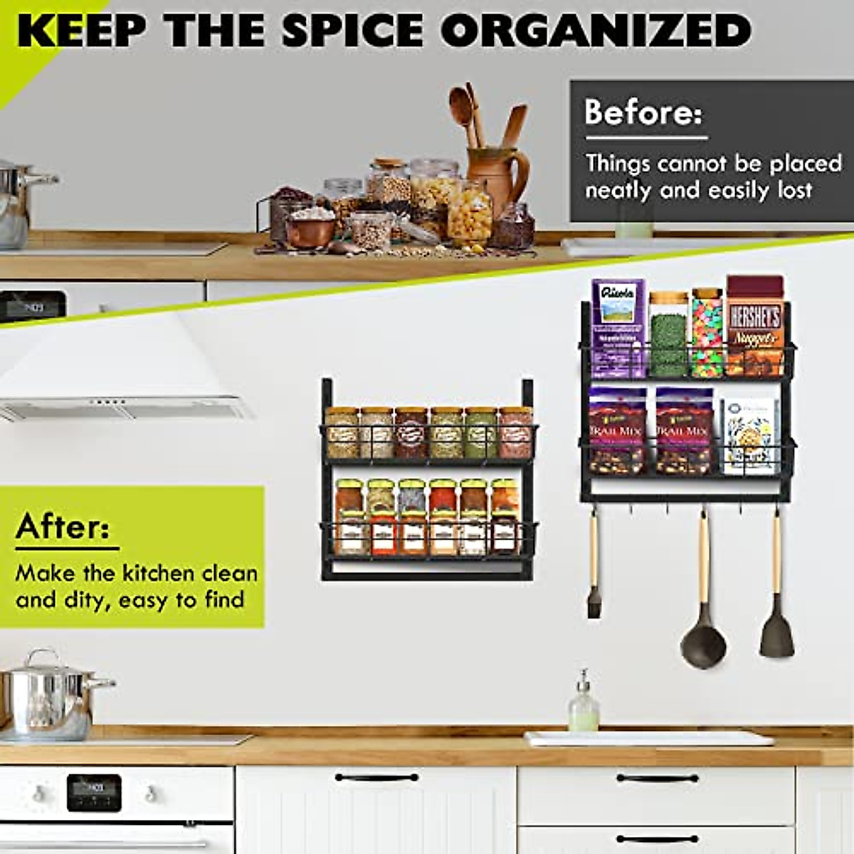 Mefirt Over The Door Pantry Organizer, Wall Mount Spice Rack, 6 Adjustable Baskets and Dual-use (Multi-use) Heavy-Duty Metal Hanging Seasoning Rack-Kitchen Organization,Bathroom,Closet, Cabinet,Cans