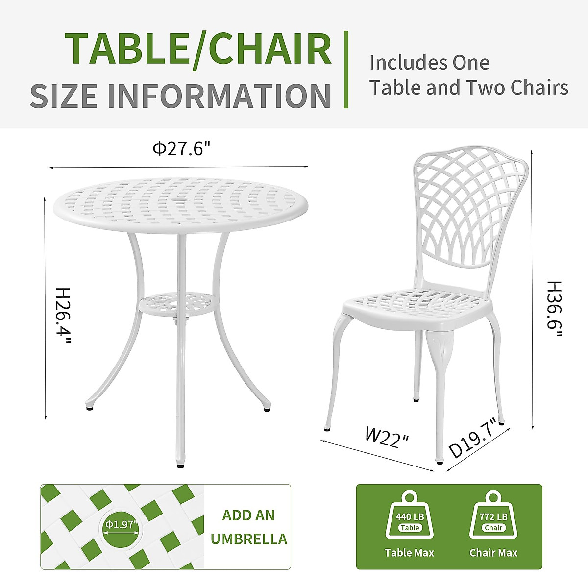 PATIO-IN 3 Piece Outdoor Bistro Set, Cast Aluminum Outdoor Bistro Table and Chairs Set of 2, Rust-Resistant Patio Furniture Set, White Bistro Set 3 Piece Outdoor for Garden, Backyard, Balcony