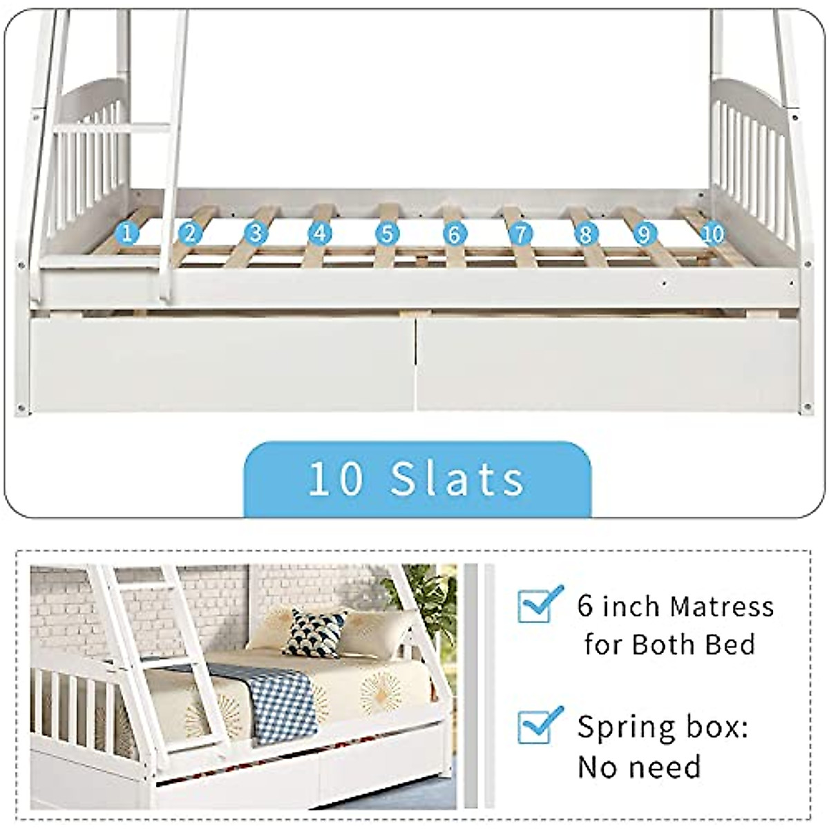 ATH-S Twin Over Twin Bunk Bed for Boys Girls Teens Adults, Solid Wood Bunk Bed Frame with Trundle and Drawers, No Box Spring Needed, White (Color : White with Drawers, Size : Twin Over Full)