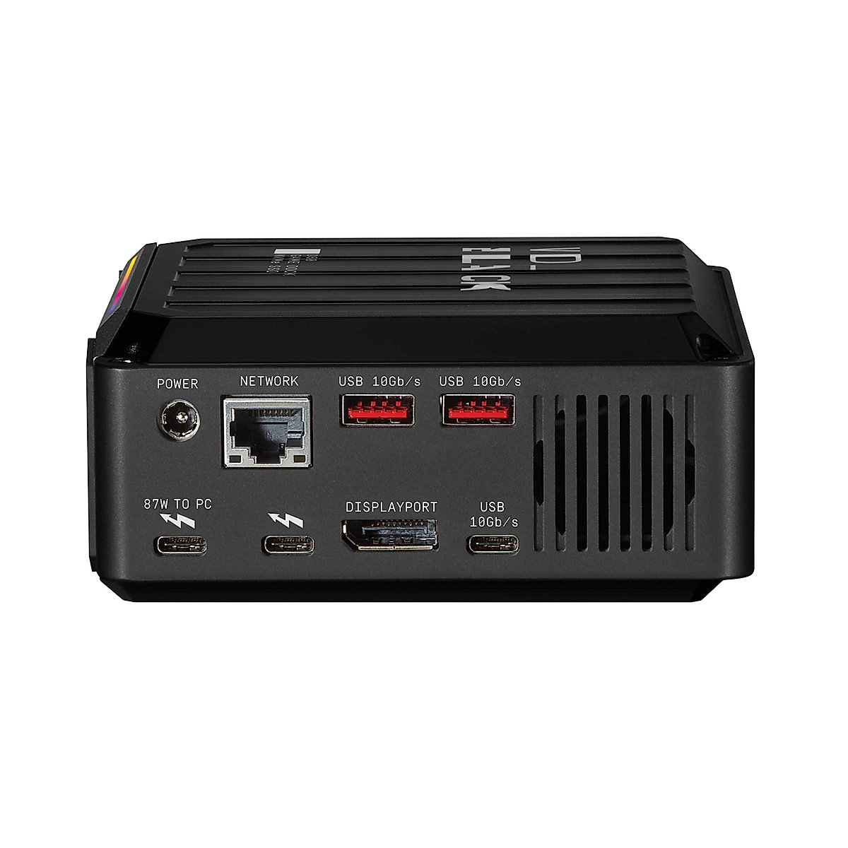 WD_Black D50 Game Dock. 2X Thunderbolt 3 Ports, DisplayPort 1.4, 2X USB-C & 3X USB-A, Audio in/Out, Gigabit Ethernet; Customizable RGB Lighting