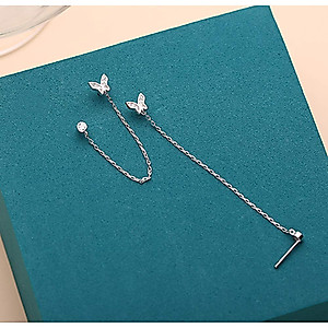 Double Holes Butterfly Halo CZ Small Stud Cuff Wrap Tassel Chain Crawler Climer Dangle Drop Earrings for Women Cartilage S925 Sterling Silver Piercing Animal Jewelry Gifts Daughter Sister