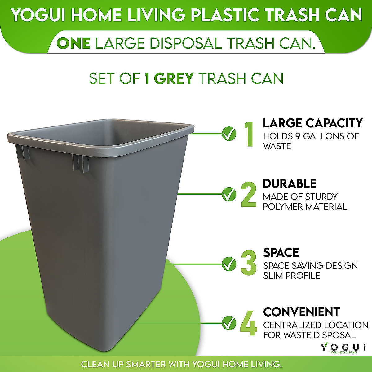 Yogui Home Living Plastic Trash Can - 35-Quart (9-Gallon) - Indoor Garbage Bin for Kitchen, Home, Office and Commercial Use - Large Waste Disposal Tub, Plastic Waste Container- Grey.