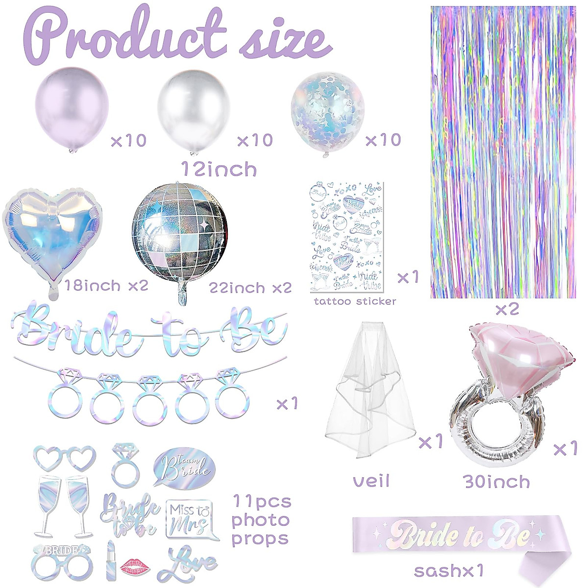 Bridal Shower Decorations Kit,Iridescence Bride To Be Decor Include Laser Balloons Photo Props Fringe Curtain Sash for Bachelorette Party Decor Wedding Shower Decorations