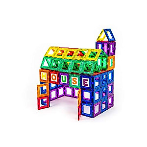 Playmags Magnetic Tile Building Set: Exclusive Educational Clickins 36-Pc. Kit: 18 Super Strong Clear Color Magnet Tiles Windows & 18 Letters & Numbers Stimulate Creativity & Brain Development