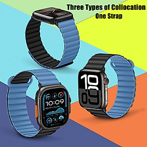 HITZEE Compatible with Apple Watch Band 49/46/45/44/42/41/40/38mm, Double Sided Silicone Magnetic Band Compatible for Apple Watch Ultra 2 Series 10 9 8 7 SE 6 5 4 (42/44/45/46/49mm, Blue Black)