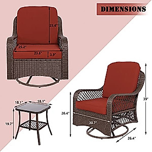 LEISU 3-Pieces Patio Swivel Wicker Bistro Furniture Set with Cushioned Patio Swivel Rocker Swivel Rocking Chairs Set Side Table Outdoor Rattan Conversation Sets (Rust)