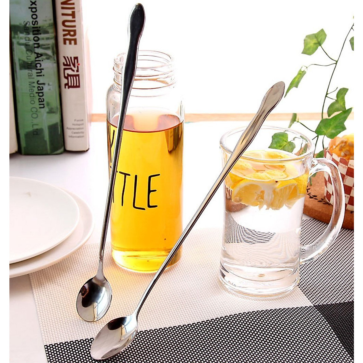 HornTide 6-Piece Mixing Spoon Set 10-Inch 26cm Long Handle Spoons for Ice Cream Cold Drink Fruit Juice Cocktail Stirring and More - Stainless Steel Mirror Polishing