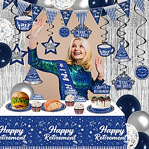 Happy Retirement Party Decorations blue - (89pack) blue party Banner, Pennant, Hanging Swirl, Foil Backdrops, balloons, Tablecloths, cupcake Topper,plates, Photo Props, retired Sash