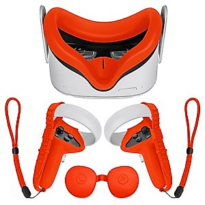 TOMSIN Touch Controller Grip Cover with Silicone Face Cover, Protective Lens Cover, Silicone Handle Strap for Oculus Quest 2, Sweatproof Lightproof Anti-Throw Accessories Set(Red)