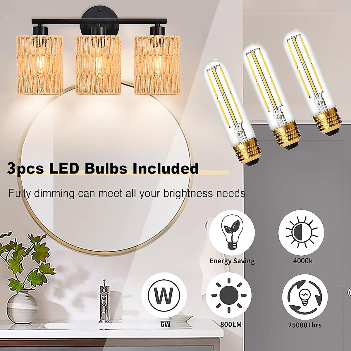 3-Light Black Bathroom Light Fixtures,Modern Rattan Bathroom Vanity Light Over Mirror,Rustic Bath Wall Mount Lights Fixtures with Boho Woven Wicker Lampshade,Farmhouse Wall Sconces Lamp for Bedroom