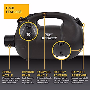 XPOWER F-16B ULV Cold Fogger, Mist Blower, and Sprayer for Cleaning, Disinfecting, Pest Control, Odor Elimination, and Mold Removal, 25+ Ft. Spray Distance, 1.6 L Tank Capacity, Rechargeable Battery