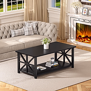 GreenForest Coffee Table with Round Corner, Farmhouse Center Table with 2-Tier Storage Shelf X-Frame Design for Living Room, 39 inch Black