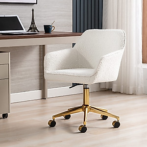 Zesthouse Modern Desk Chair with Wheels, White Swivel Vanity Chair for Girls Women, Upholstered Home Office Chair Boucle Armchair for Bedroom, Height Adjustable Computer Task Chair, Gold Base