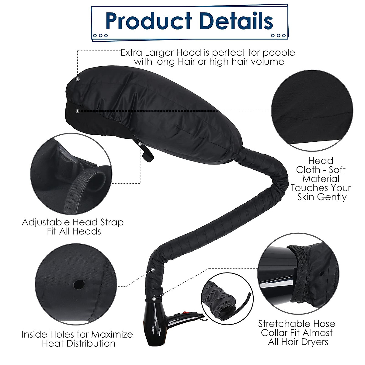 TEPENAR Bonnet Hair Dryer Attachment: Upgraded Extra Large Hooded Hair Dryer Adjustable Soft Blow Dryer Caps - Easy to Use for Natural Curly Textured Hair Care Styling Fast Drying