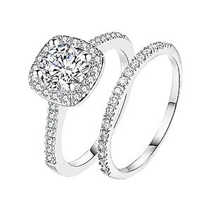 Engagement Rings Wedding Bands Stacking Women Engagement Wedding 2Pcs Set Cubic Zirconia 925 Sterling Silver Rings Size 6-10 for Women/Girl Finger Rings DIY Jewelry Gifts (Silver, 11)